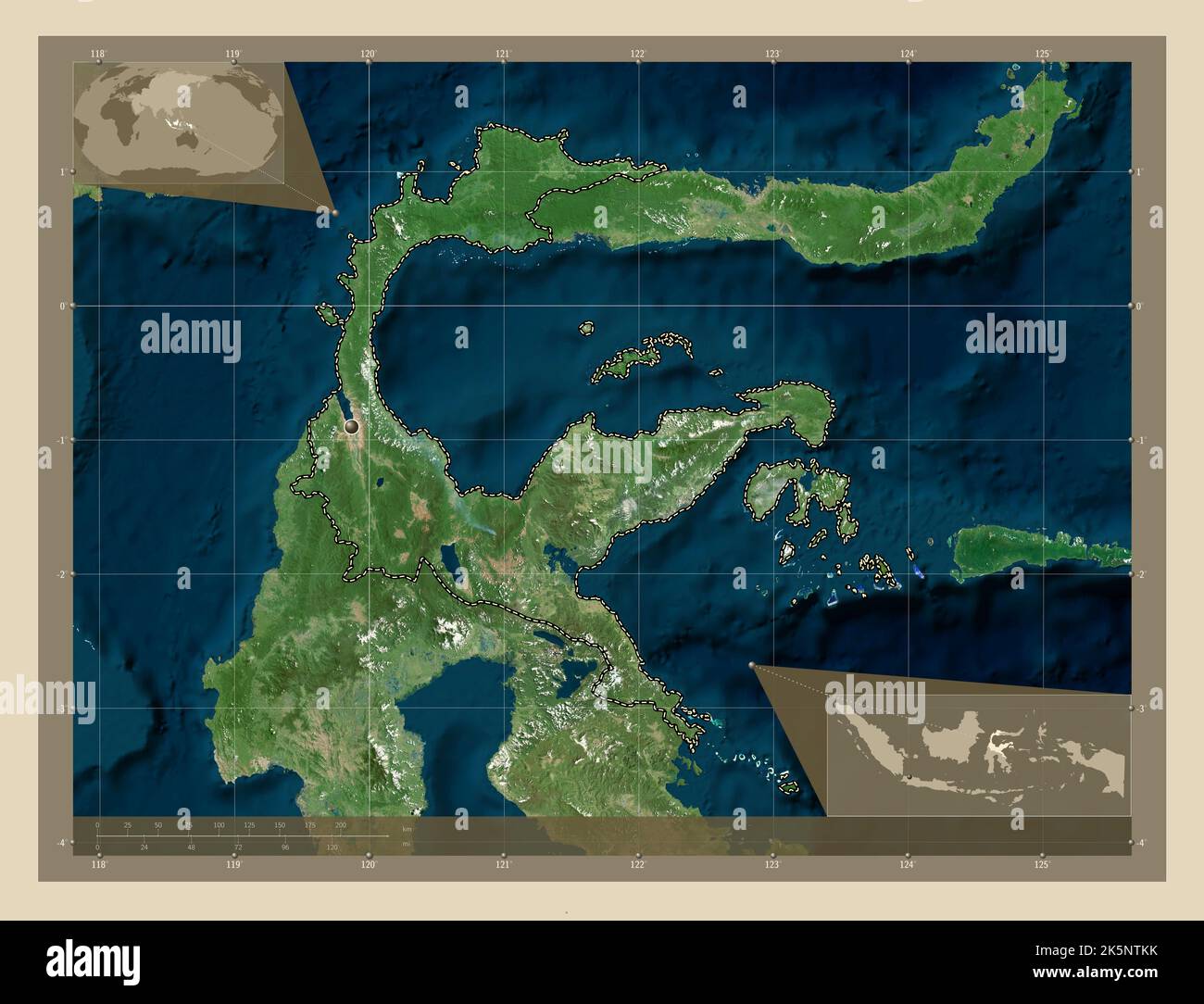 Sulawesi Tengah, province of Indonesia. High resolution satellite map. Corner auxiliary location ...