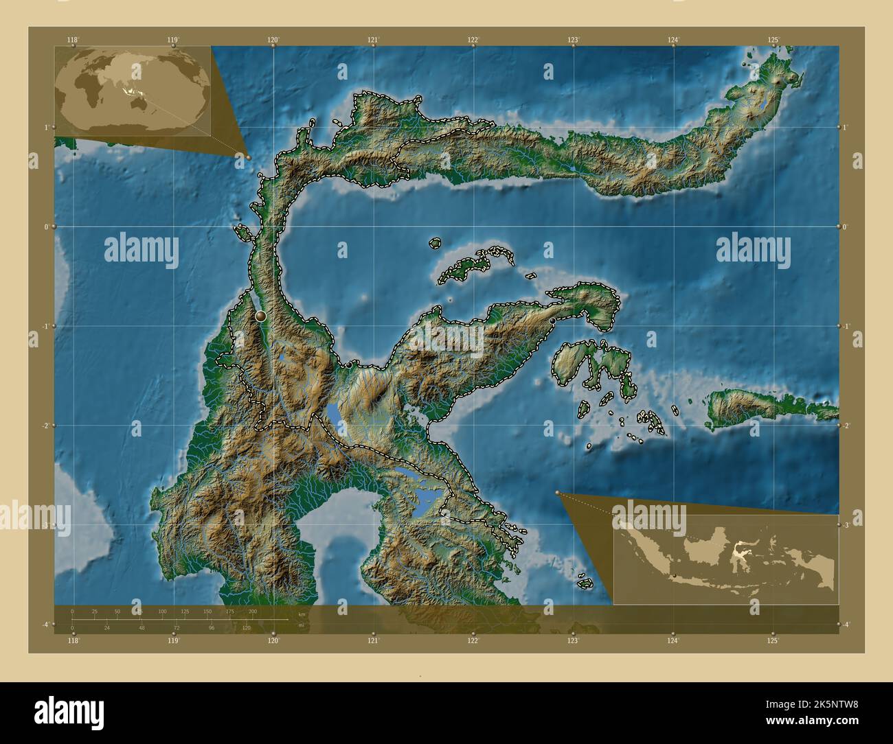 Sulawesi Tengah, province of Indonesia. Colored elevation map with ...