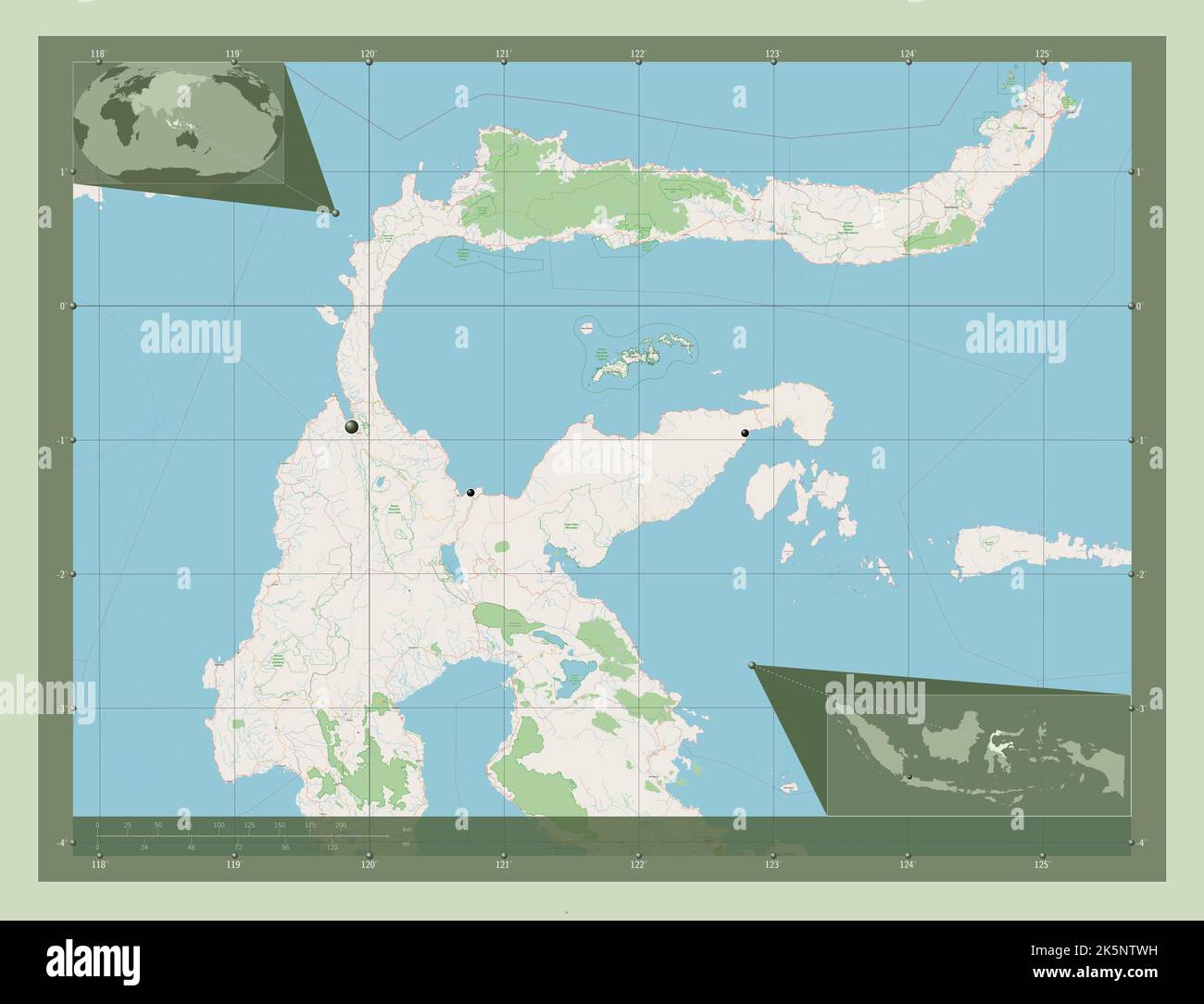 Sulawesi Tengah, province of Indonesia. Open Street Map. Locations of ...