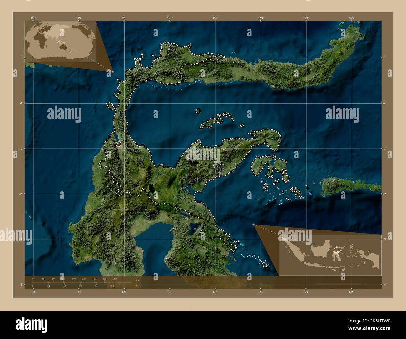 Sulawesi Tengah, province of Indonesia. Low resolution satellite map. Corner auxiliary location ...