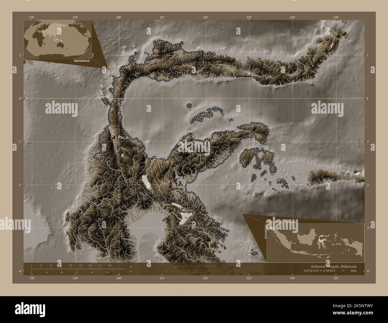 Sulawesi Tengah, province of Indonesia. Elevation map colored in sepia ...