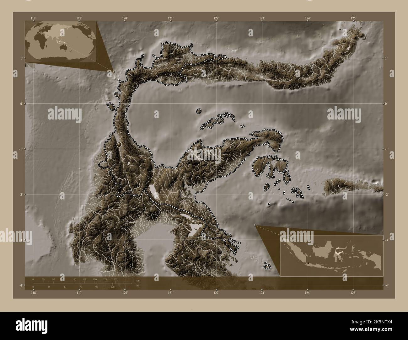 Sulawesi Tengah, province of Indonesia. Elevation map colored in sepia ...