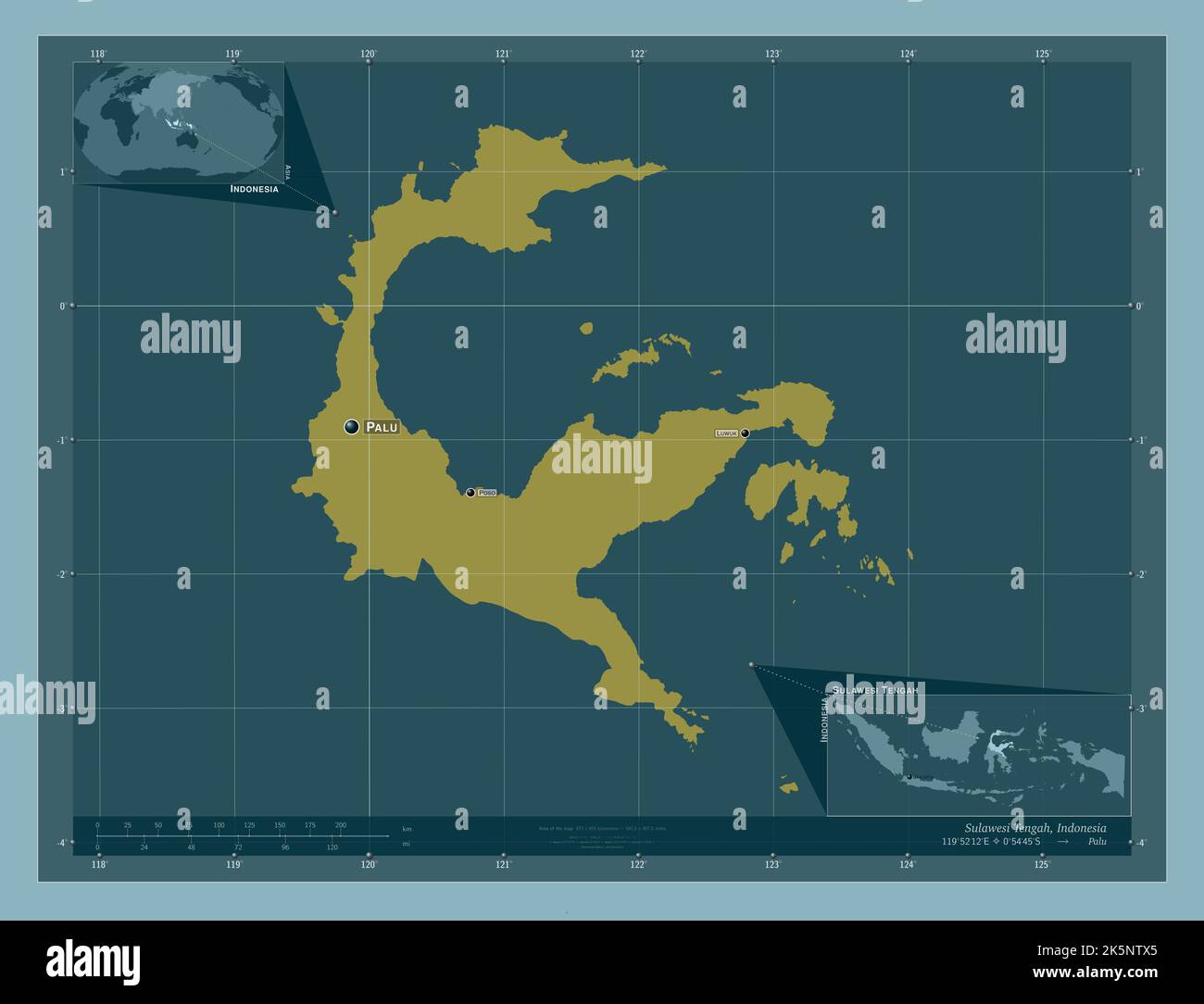 Sulawesi Tengah, province of Indonesia. Solid color shape. Locations ...
