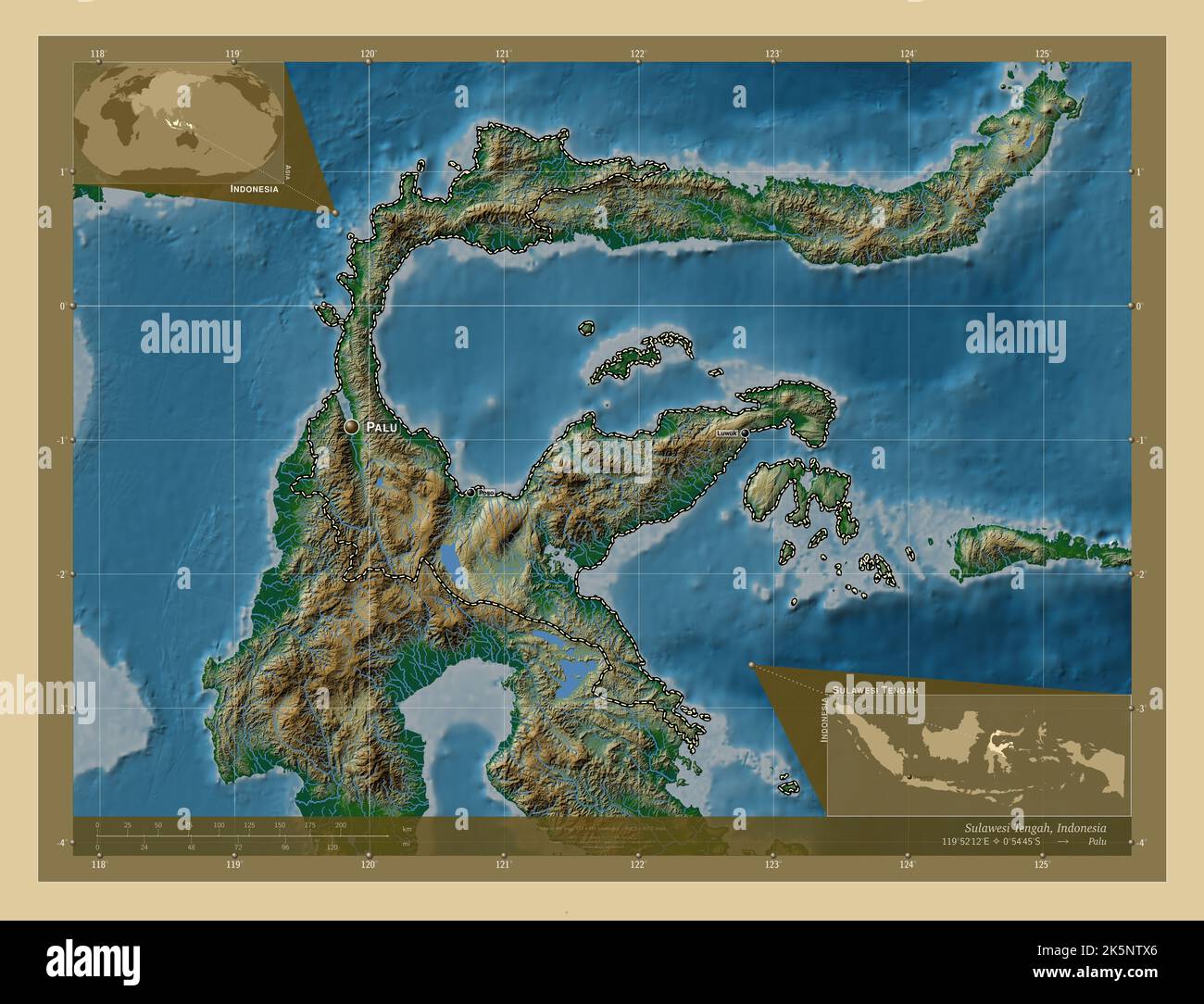 Sulawesi Tengah, province of Indonesia. Colored elevation map with ...