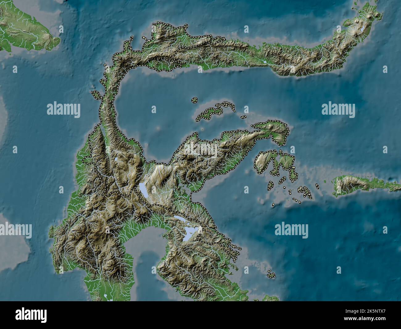 Sulawesi Tengah, province of Indonesia. Elevation map colored in wiki style with lakes and ...