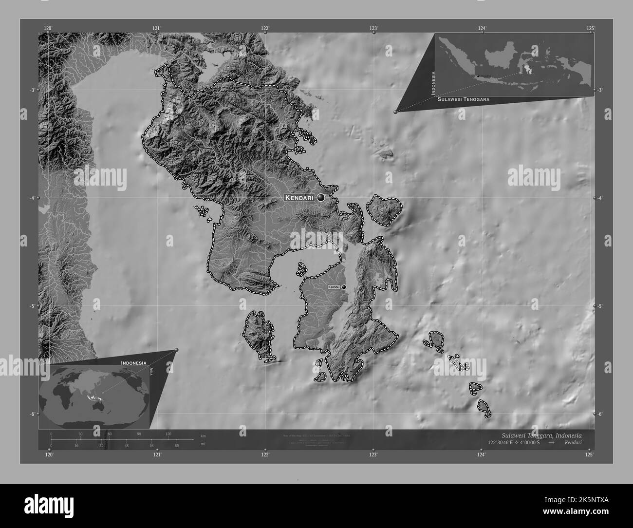 Sulawesi Tenggara, province of Indonesia. Bilevel elevation map with ...