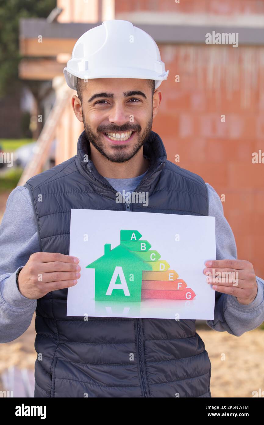 builder showing energy efficiency chart at construction site Stock ...