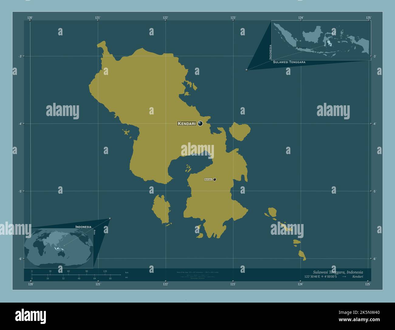 Sulawesi Tenggara, province of Indonesia. Solid color shape. Locations ...