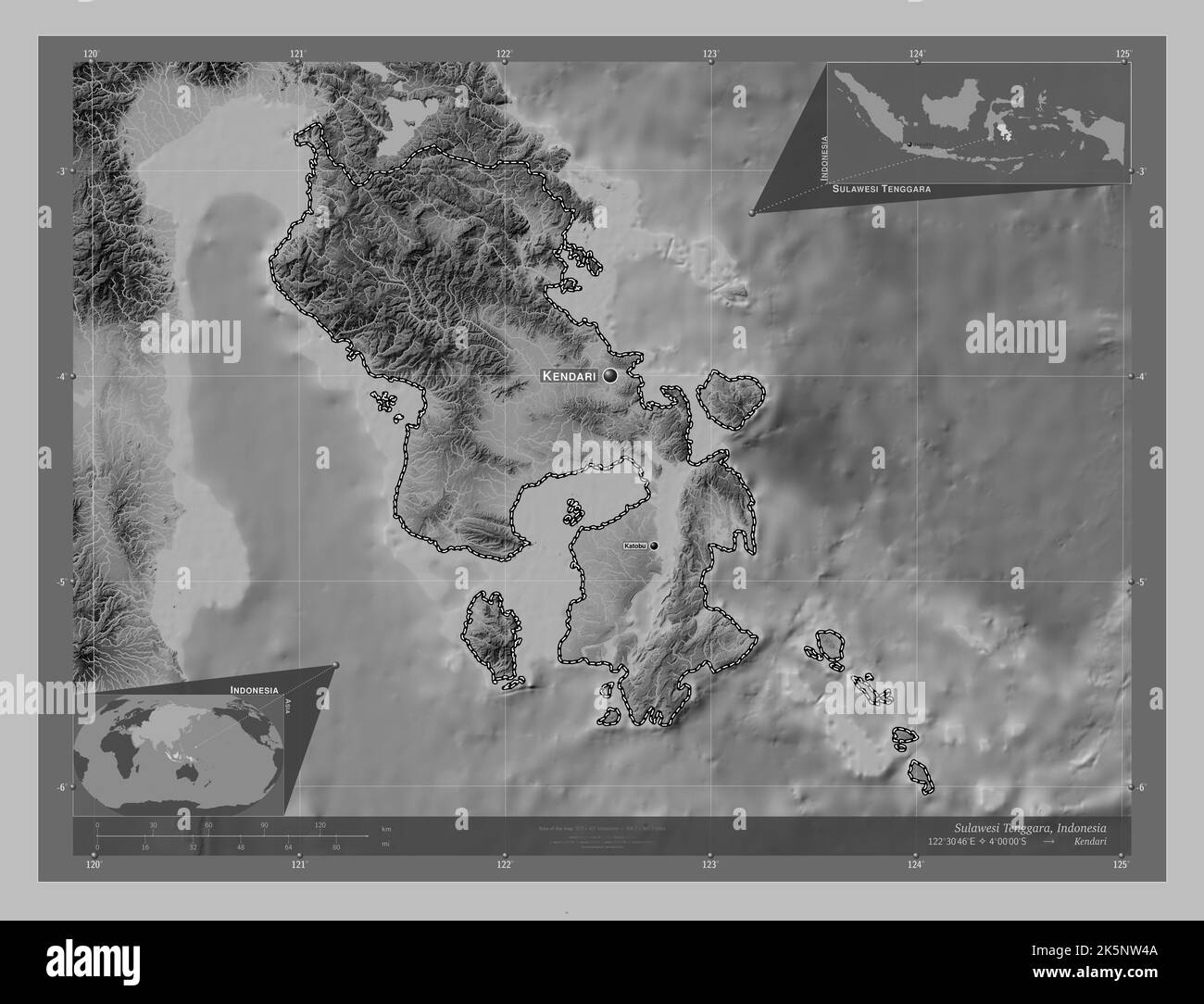 Sulawesi Tenggara, province of Indonesia. Grayscale elevation map with ...