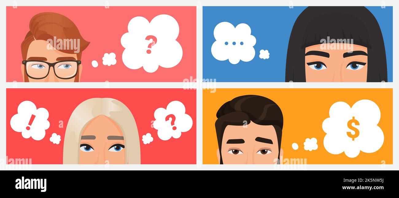 Person thinking set vector illustration. Cartoon thoughtful eyes on ...