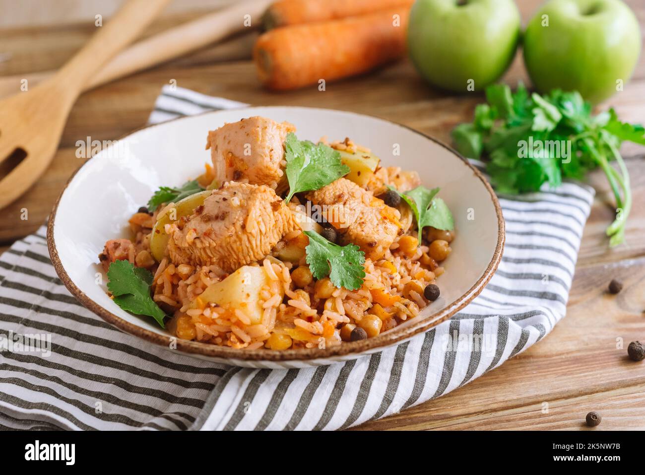Turkey Pilaf. Large plate of second course. A home-cooked meal. Large ...