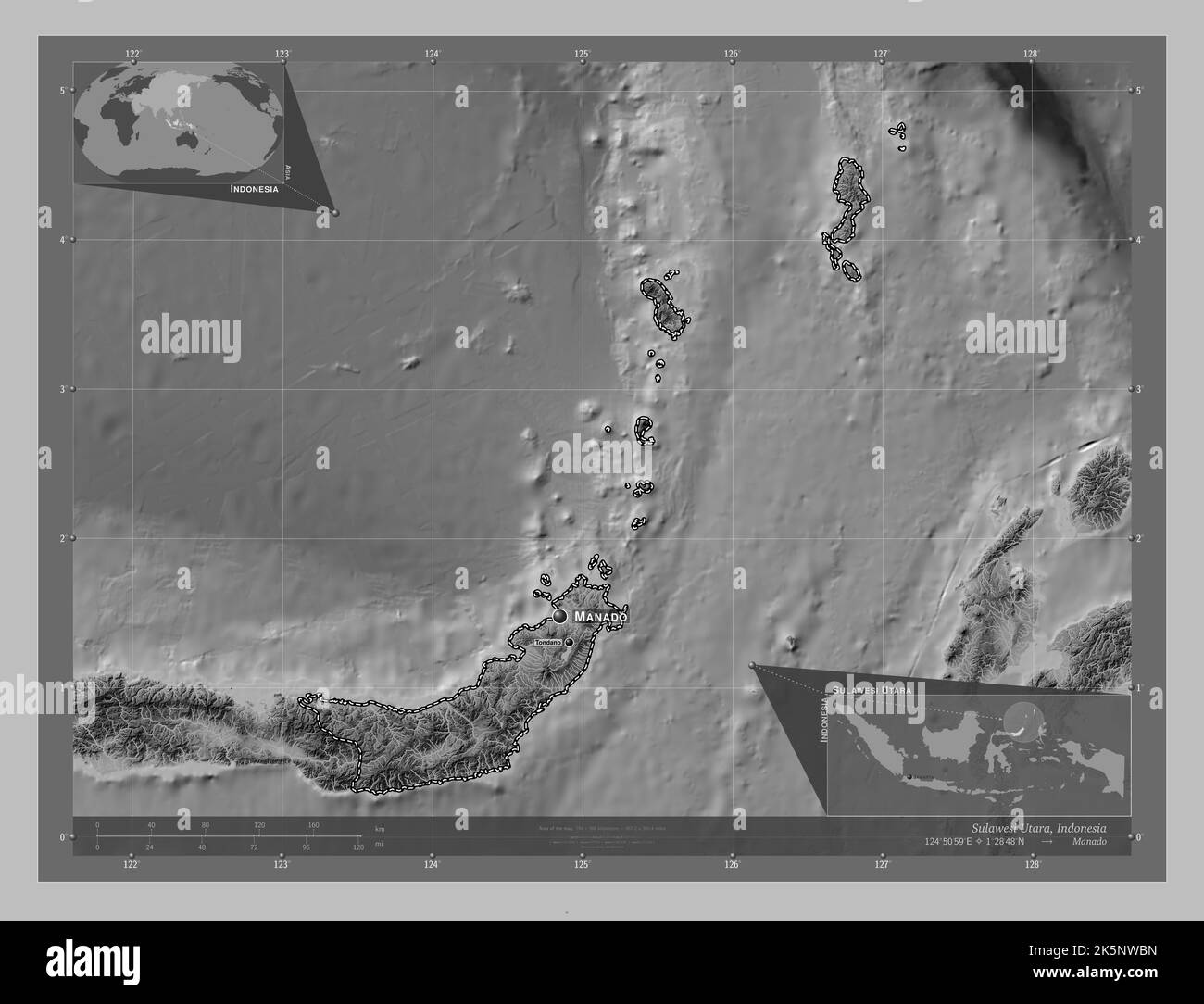 Sulawesi Utara, province of Indonesia. Grayscale elevation map with ...