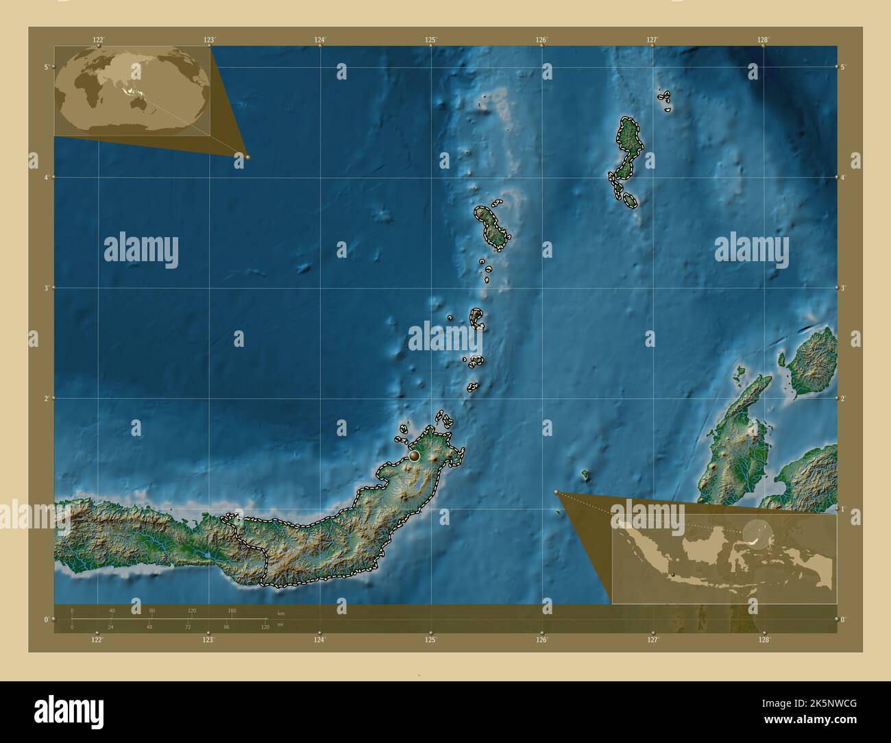 Sulawesi Utara, province of Indonesia. Colored elevation map with lakes ...