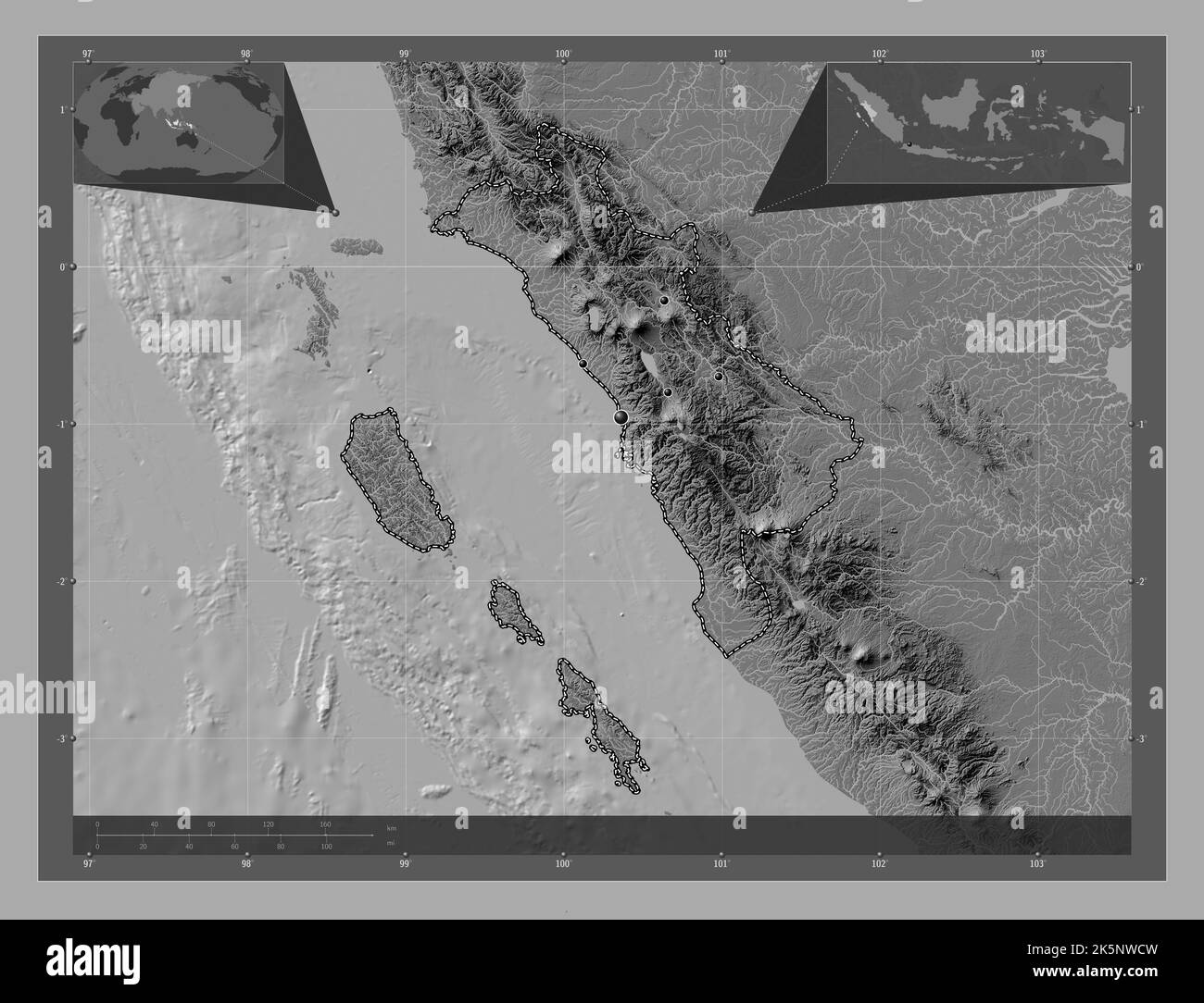 Sumatera Barat, province of Indonesia. Bilevel elevation map with lakes ...