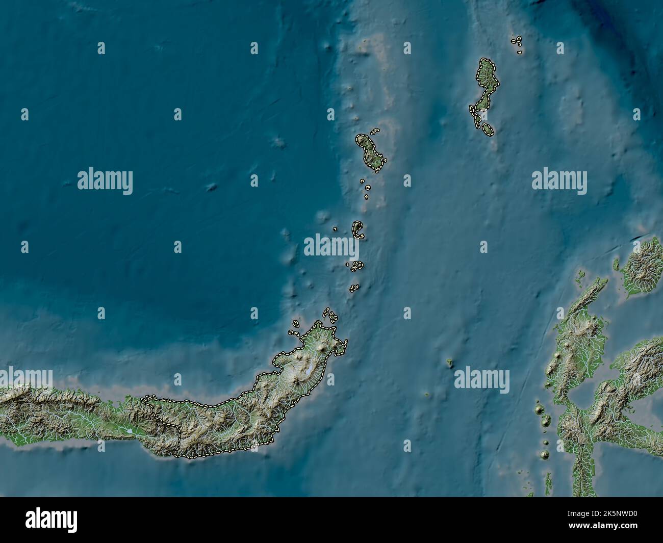Sulawesi Utara, province of Indonesia. Elevation map colored in wiki style with lakes and rivers ...