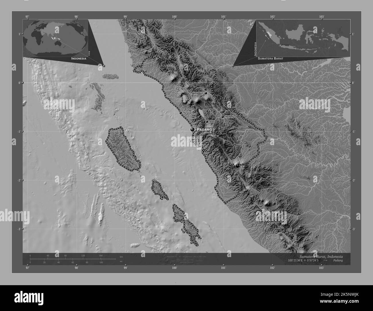 Sumatera Barat, province of Indonesia. Bilevel elevation map with lakes ...