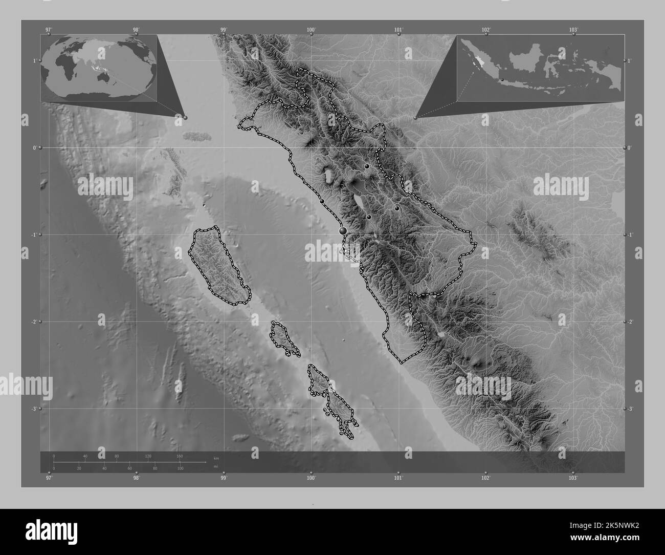 Sumatera Barat, province of Indonesia. Grayscale elevation map with ...