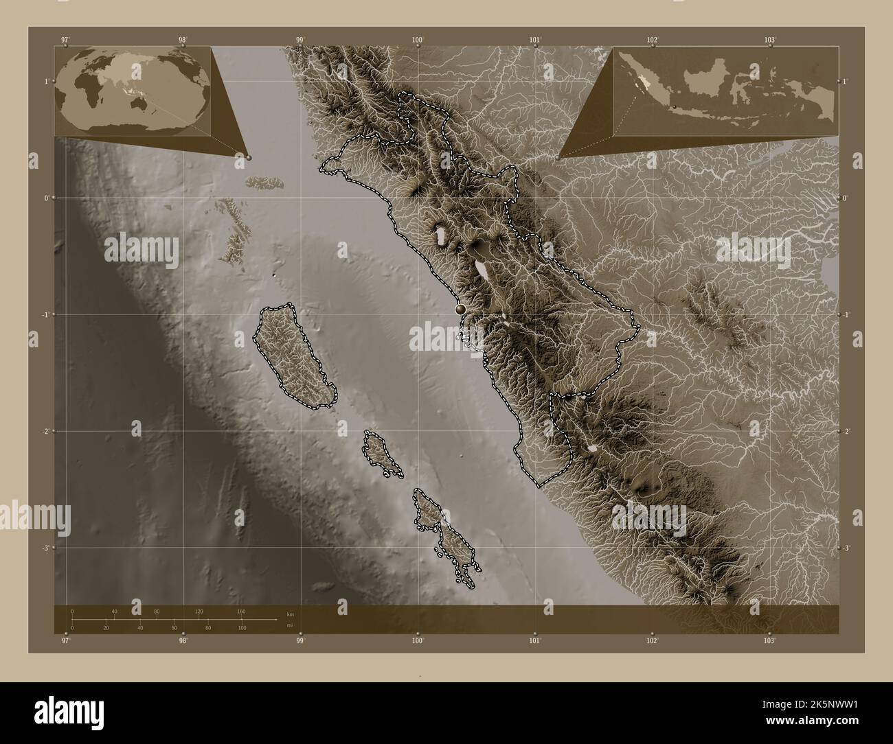 Sumatera Barat, province of Indonesia. Elevation map colored in sepia ... Sumatera Barat, province of Indonesia. Elevation map colored in sepia ...