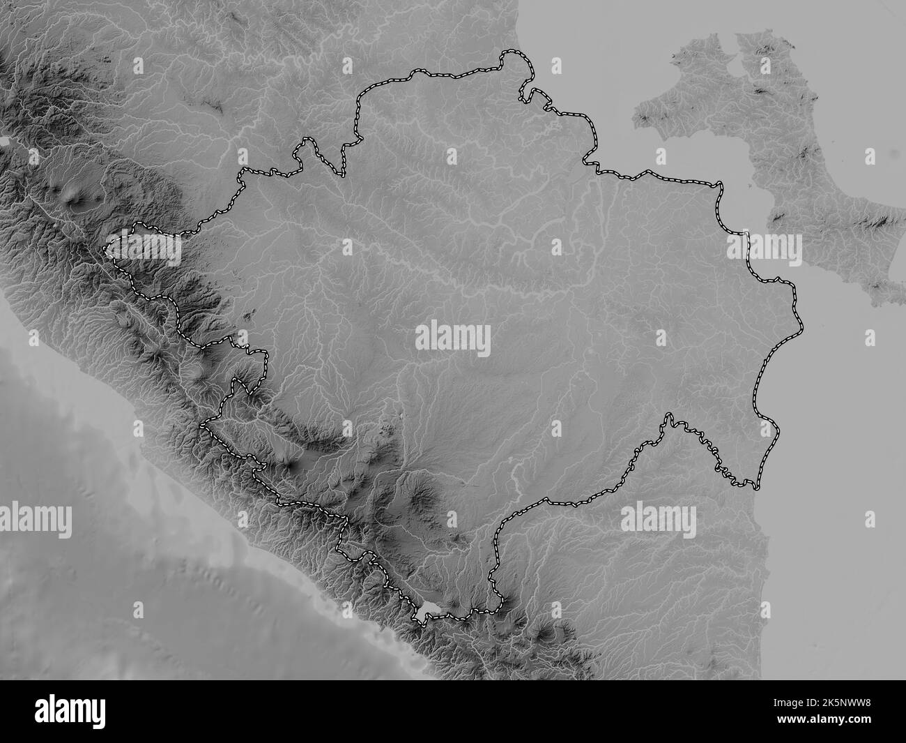 Sumatera Selatan, province of Indonesia. Grayscale elevation map with ...