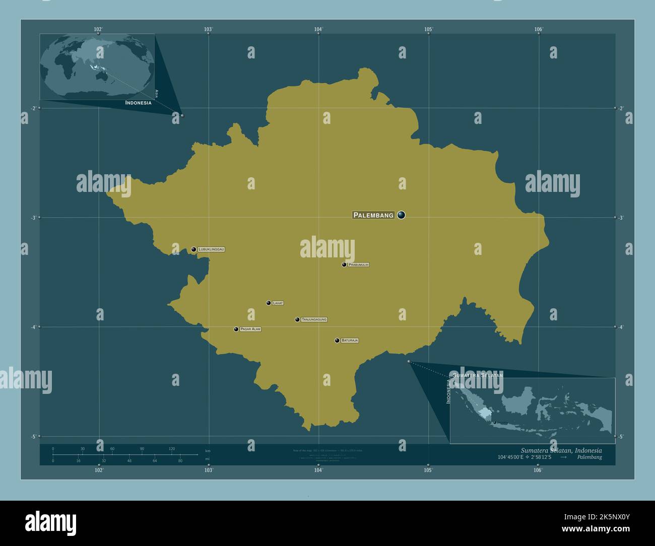 Sumatera Selatan, province of Indonesia. Solid color shape. Locations ...