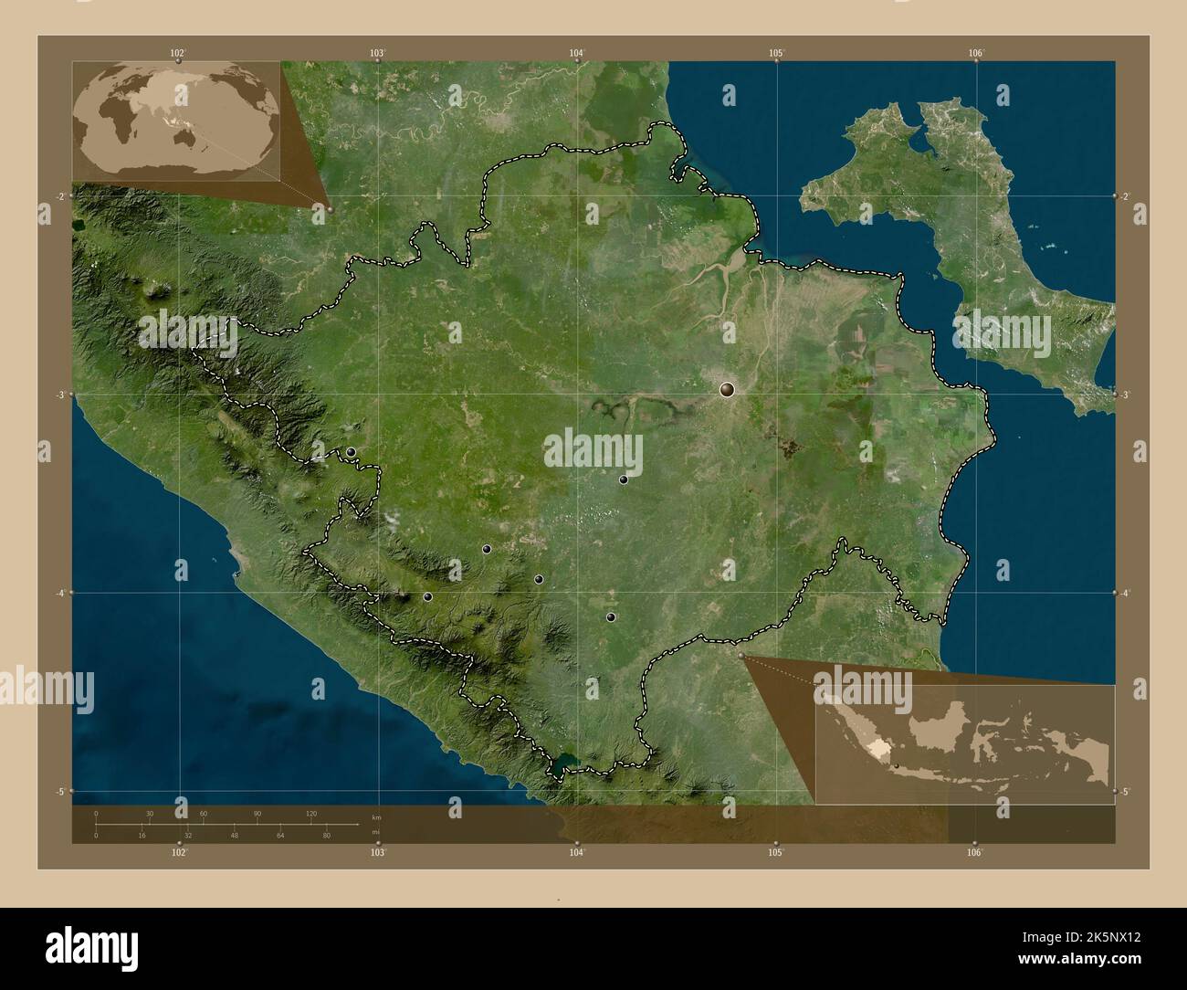 Sumatera Selatan, province of Indonesia. Low resolution satellite map ...