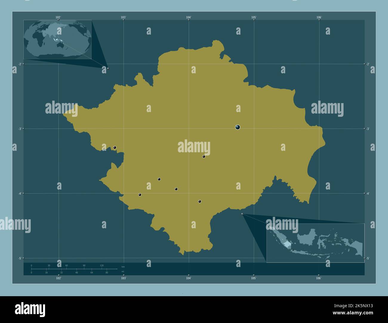 Sumatera Selatan, province of Indonesia. Solid color shape. Locations ...