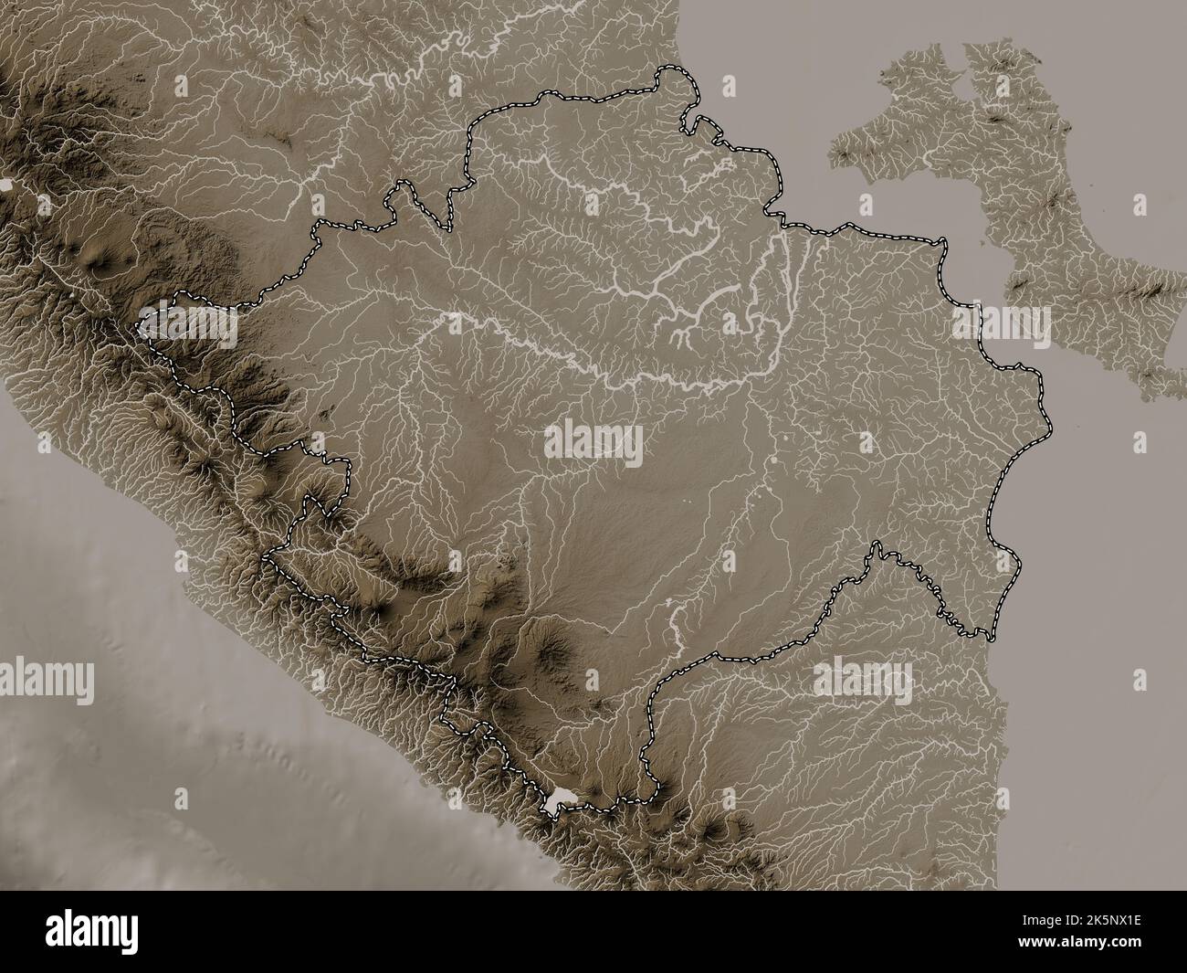 Sumatera Selatan, province of Indonesia. Elevation map colored in sepia ...