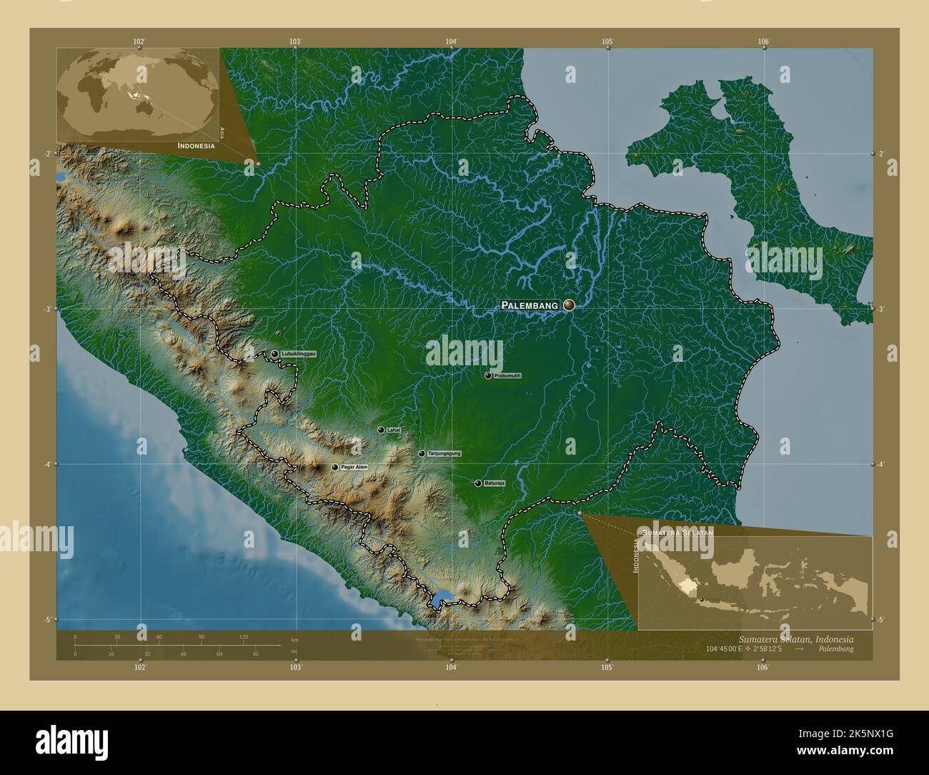 Sumatera Selatan, province of Indonesia. Colored elevation map with ...