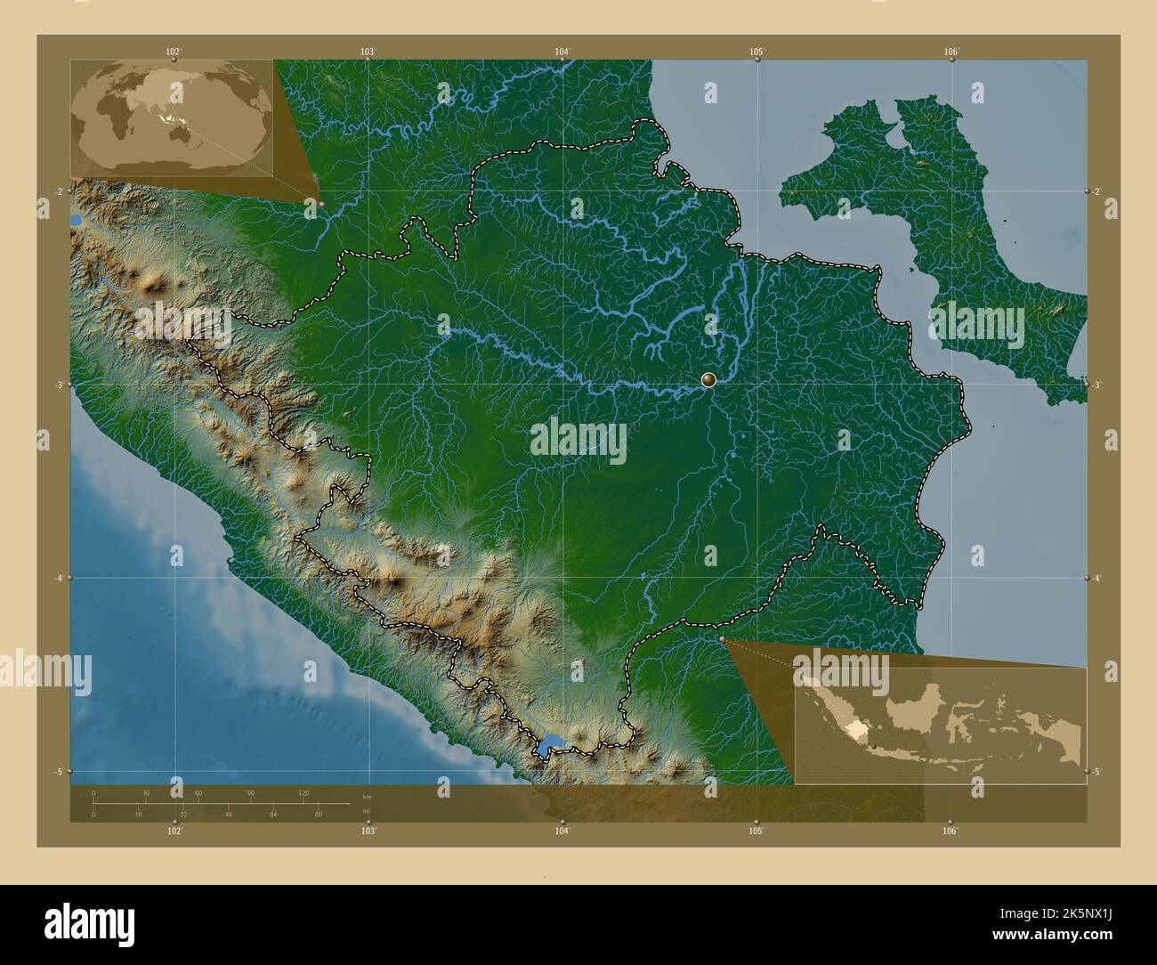 Sumatera Selatan, province of Indonesia. Colored elevation map with ...