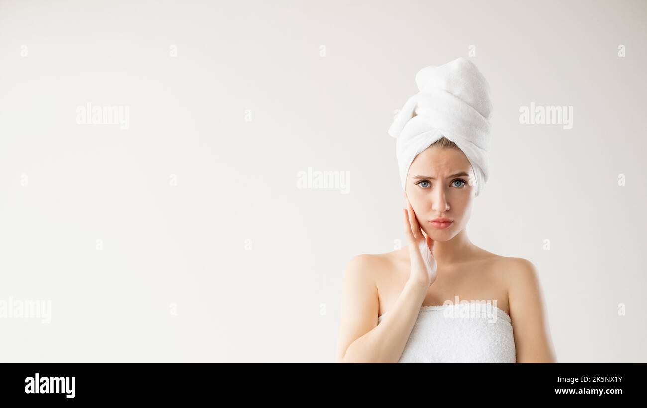 facial care. Disappointed woman. Rejuvenation treatment. Advertising ...