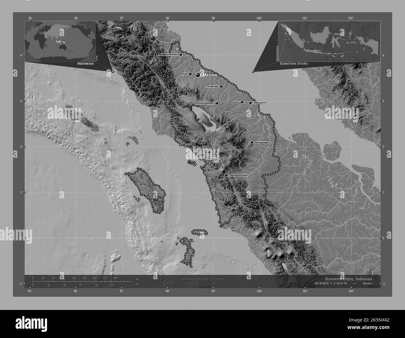 Sumatera Utara, province of Indonesia. Bilevel elevation map with lakes ...