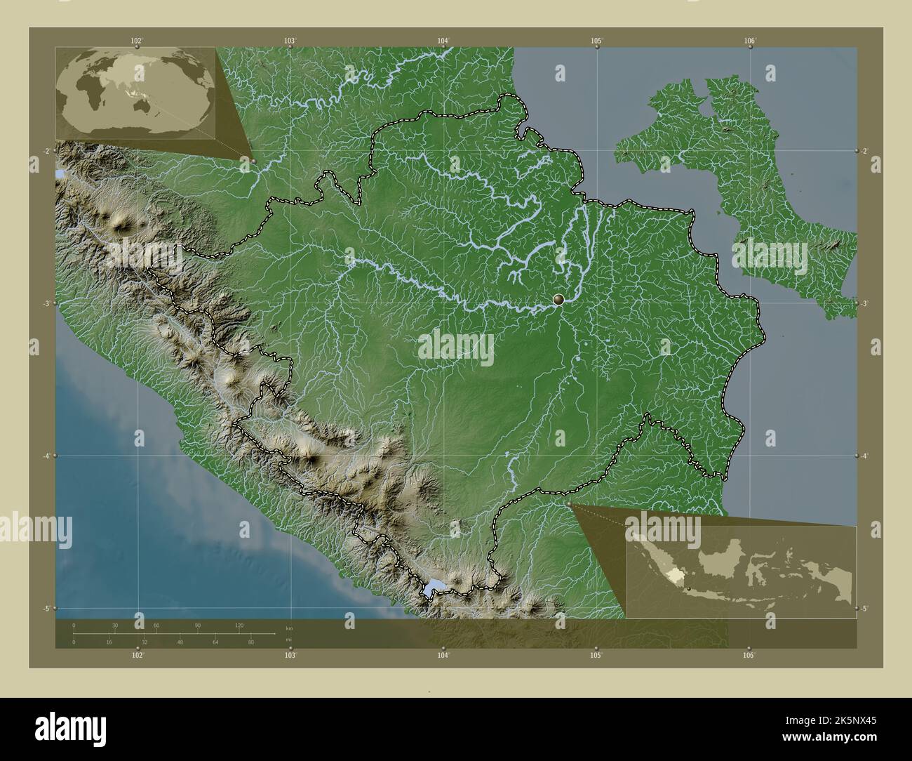 Sumatera Selatan, province of Indonesia. Elevation map colored in wiki ...