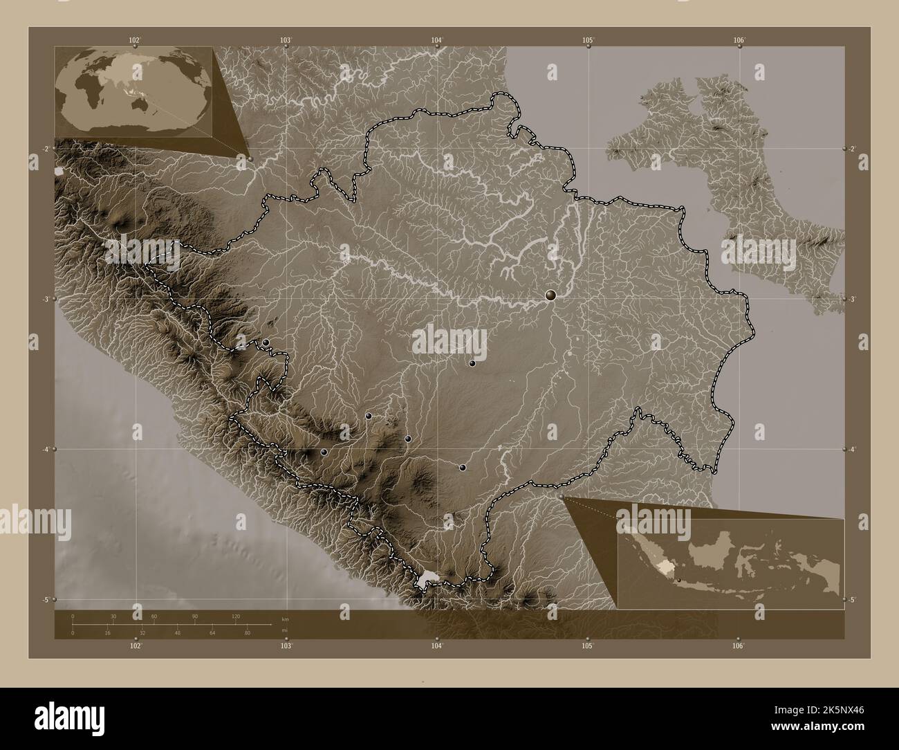 Sumatera Selatan, province of Indonesia. Elevation map colored in sepia ...