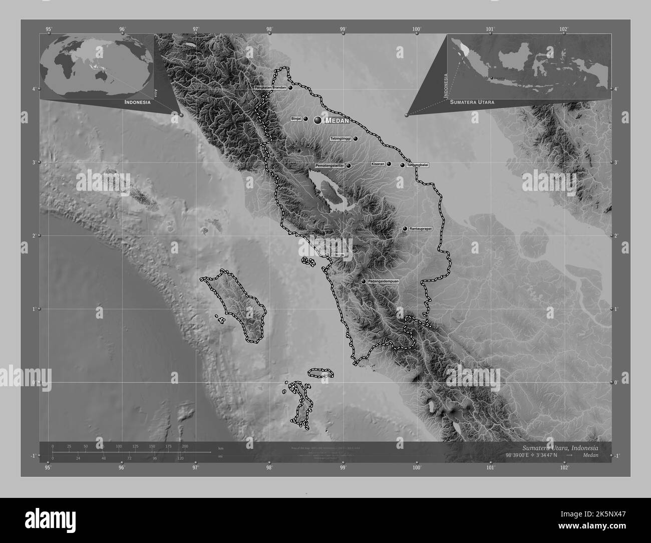 Sumatera Utara, province of Indonesia. Grayscale elevation map with ...