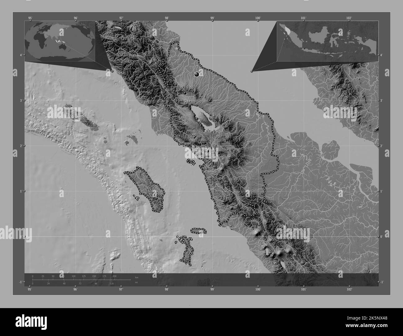 Sumatera Utara, province of Indonesia. Bilevel elevation map with lakes ...