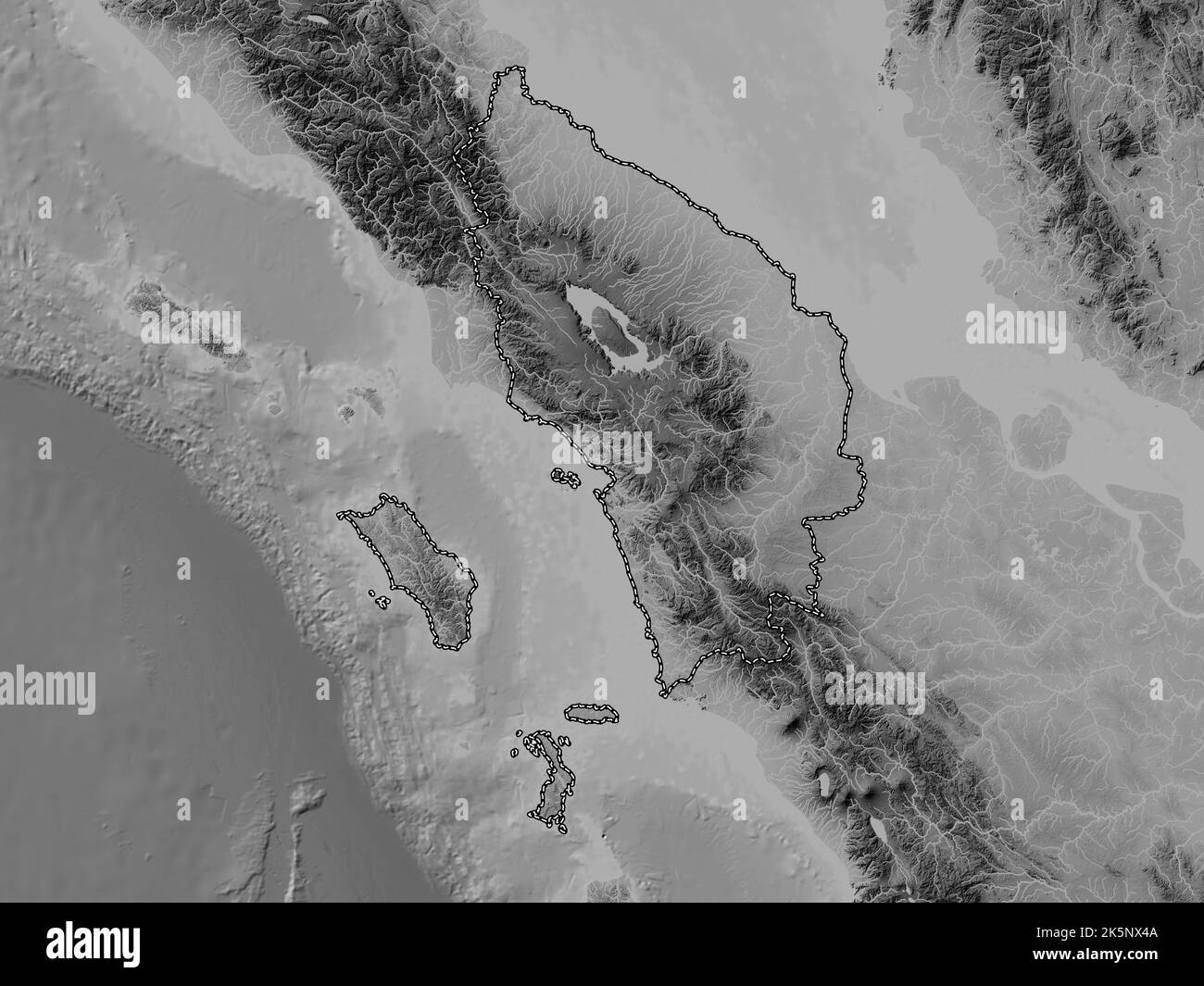 Sumatera Utara, province of Indonesia. Grayscale elevation map with ...
