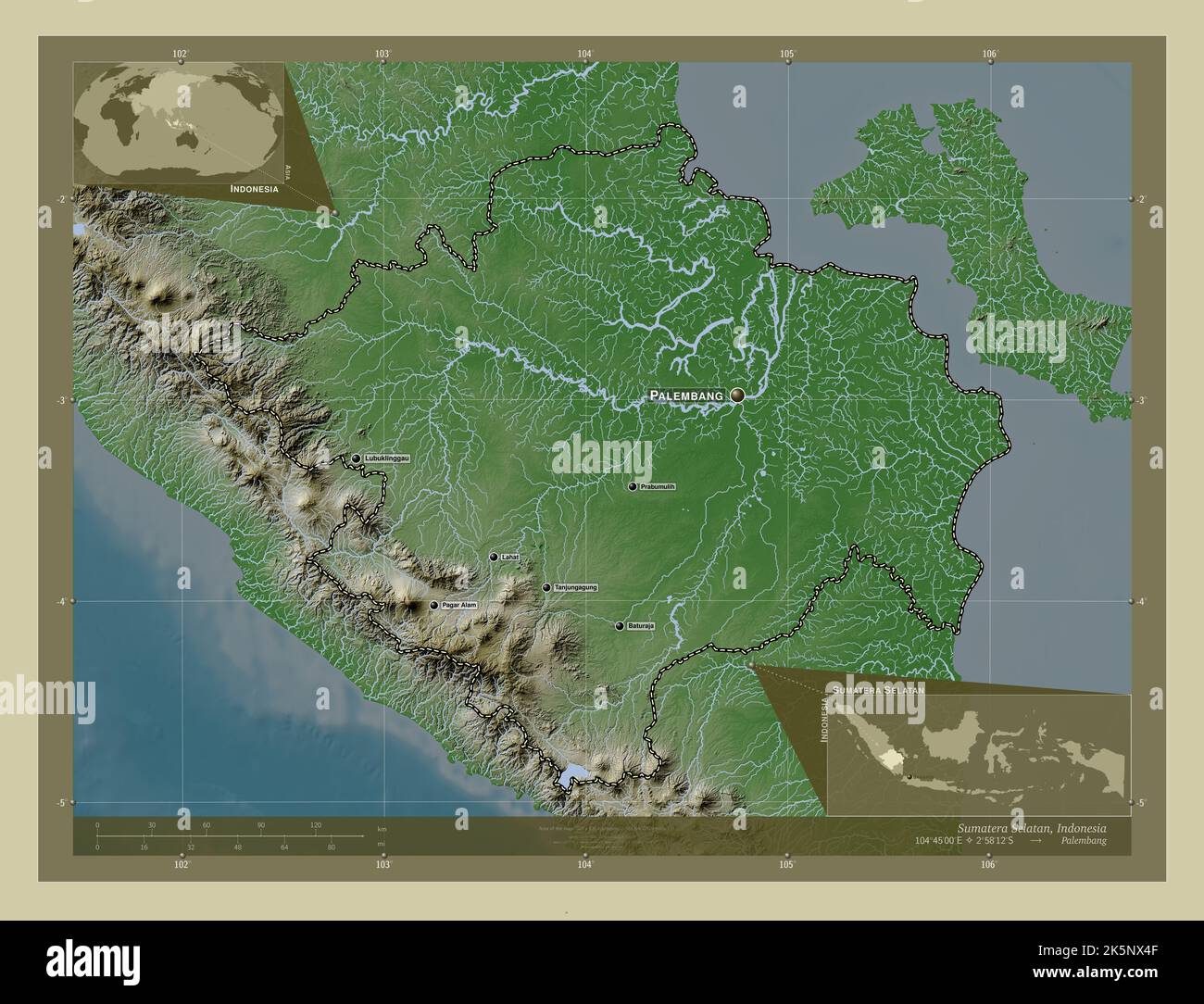 Sumatera Selatan, province of Indonesia. Elevation map colored in wiki ...