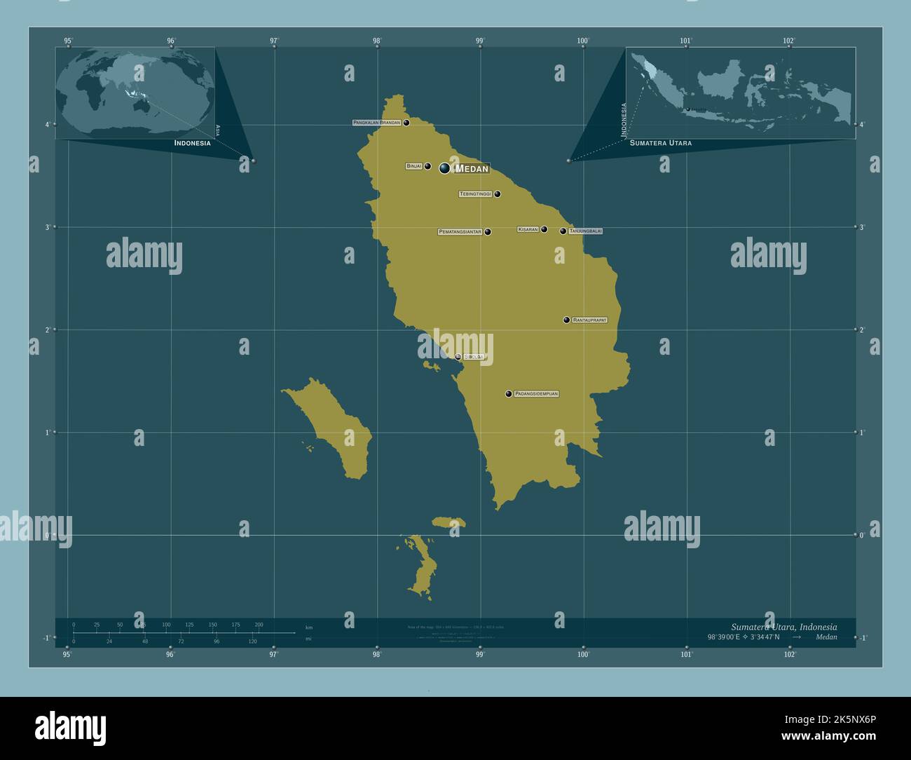 Sumatera Utara, province of Indonesia. Solid color shape. Locations and ...