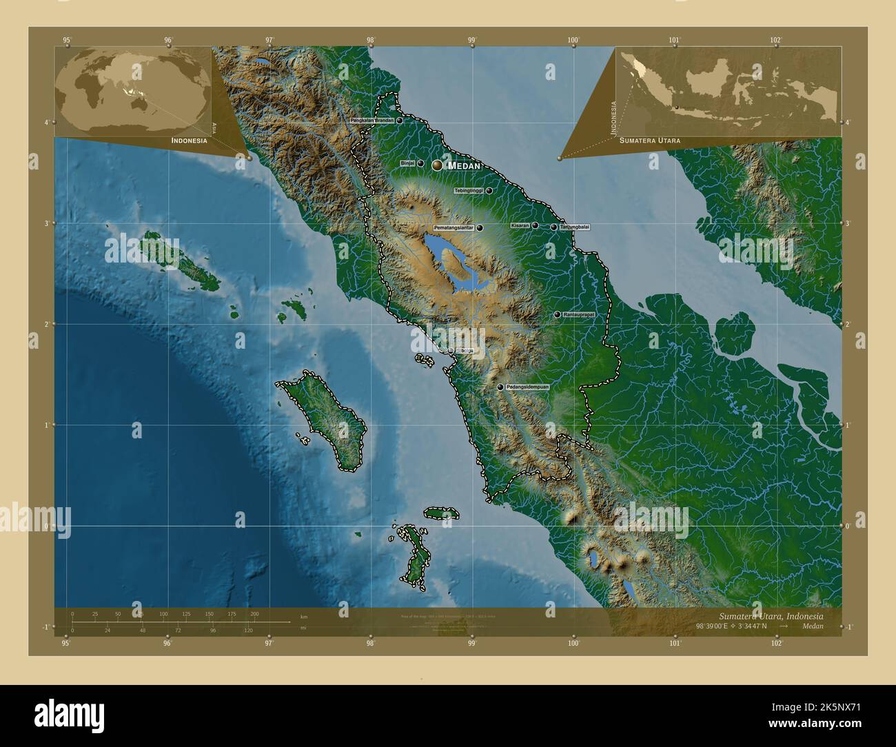 Sumatera Utara, province of Indonesia. Colored elevation map with lakes ...
