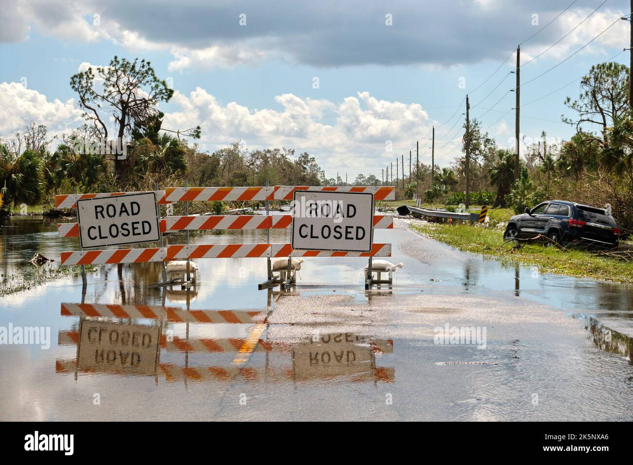 Road closed for roadworks and danger of flooding with warning signs ...