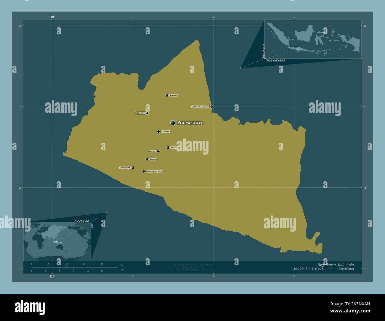 Yogyakarta, special region of Indonesia. Solid color shape. Locations ...
