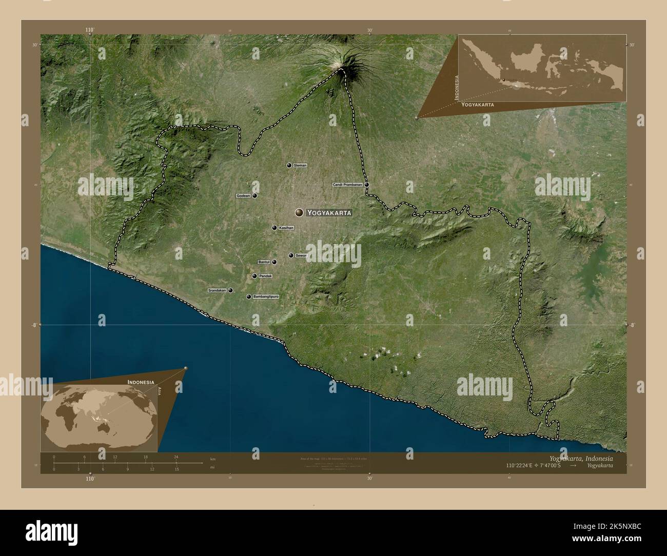 Yogyakarta, special region of Indonesia. Low resolution satellite map ...