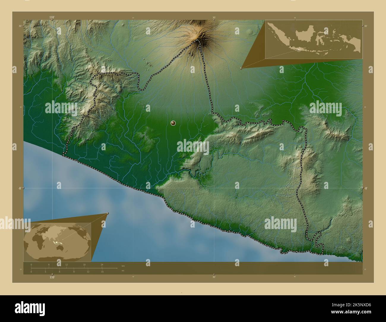 Yogyakarta, special region of Indonesia. Colored elevation map with ...