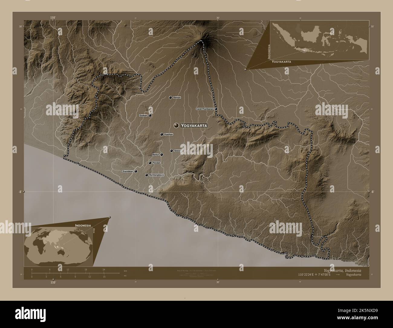 Yogyakarta, special region of Indonesia. Elevation map colored in sepia ...