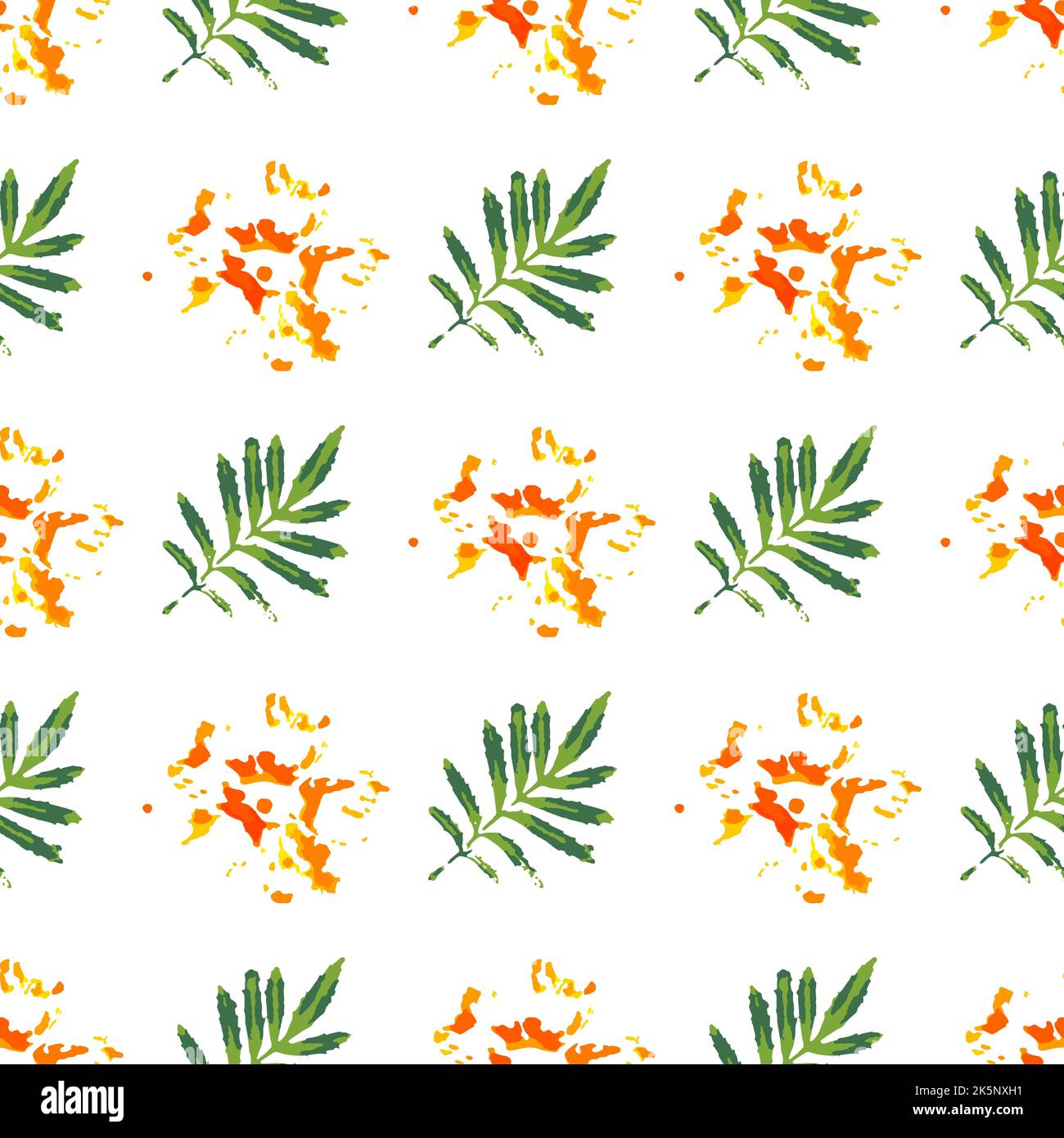 Green marigold leaves and orange flowers prints seamless pattern ...