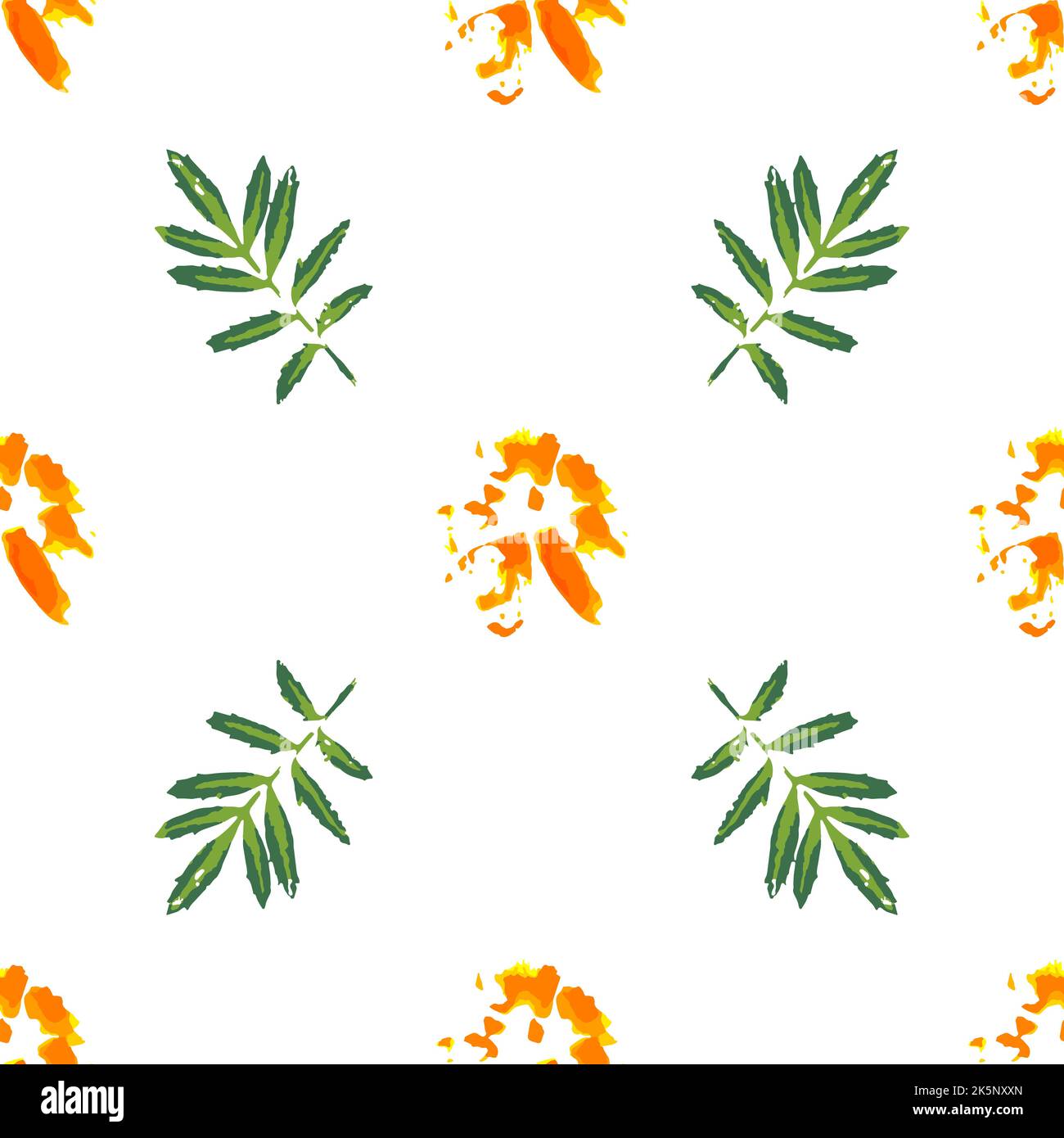 Green marigold leaves and orange flowers prints seamless pattern ...
