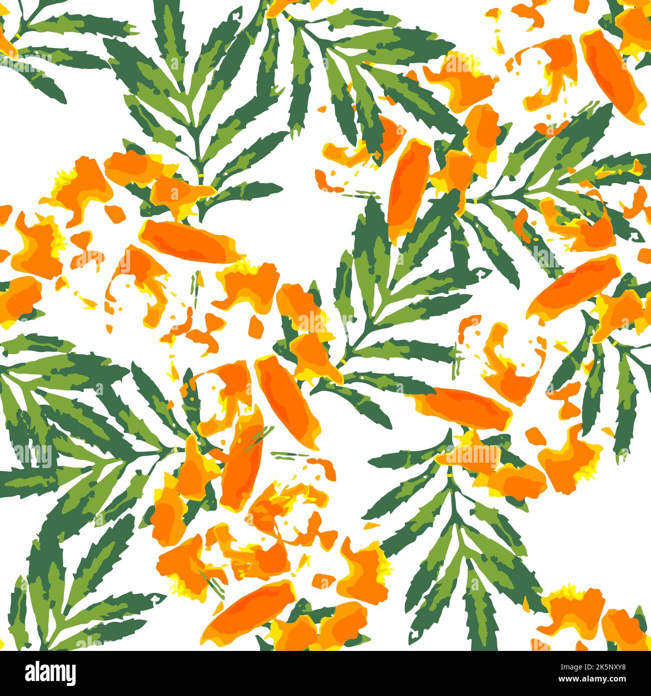 Green marigold leaves and orange flowers prints seamless pattern ...