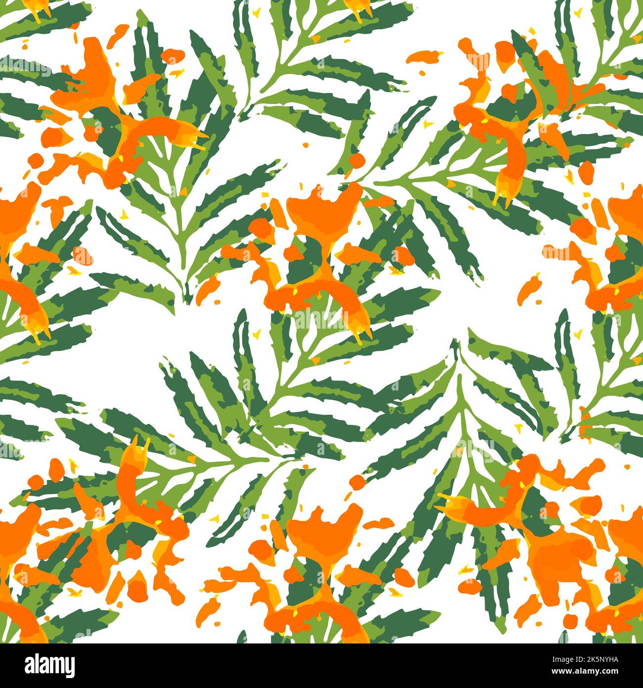Green marigold leaves and orange flowers prints seamless pattern ...