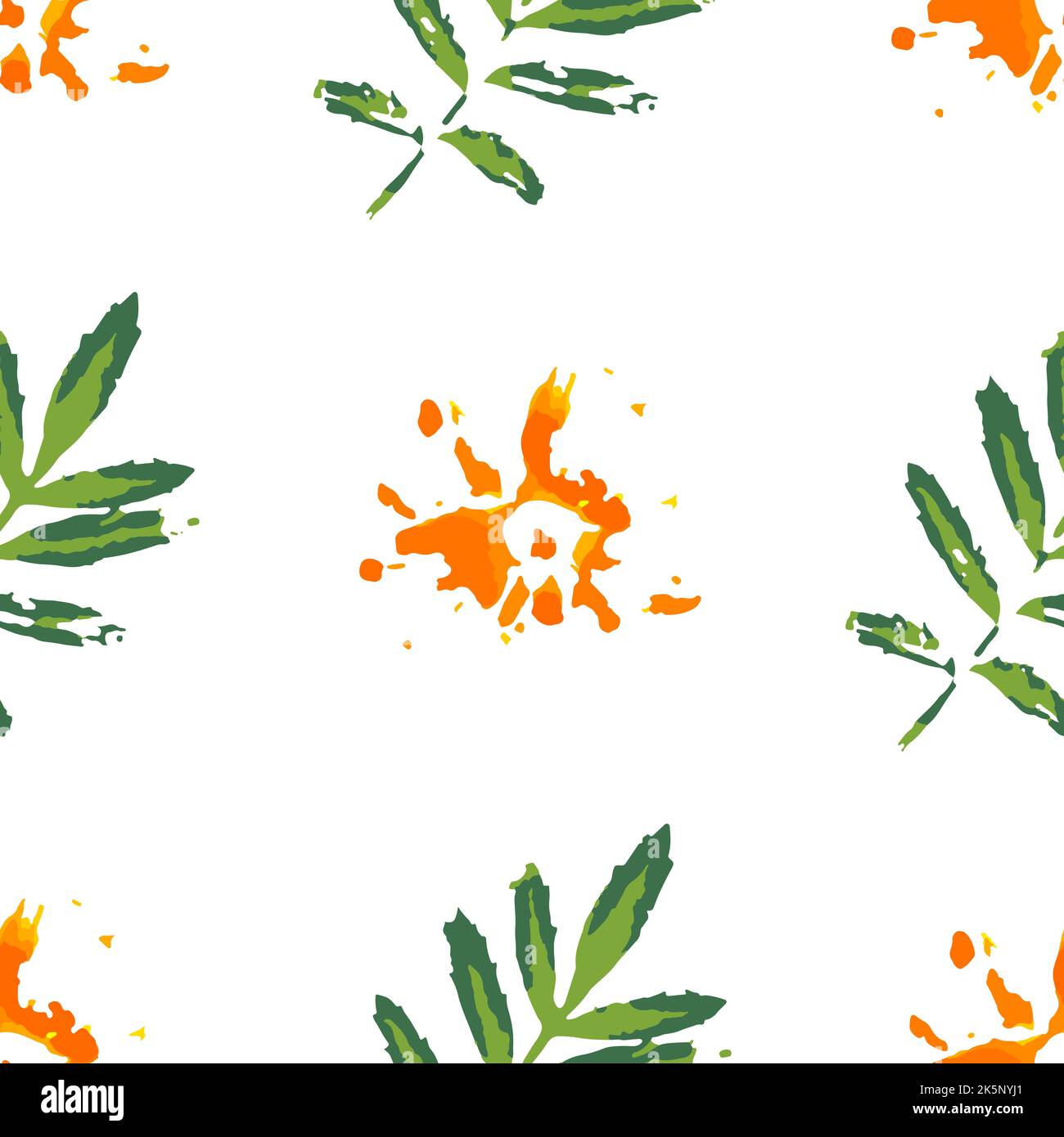 Green marigold leaves and orange flowers prints seamless pattern ...