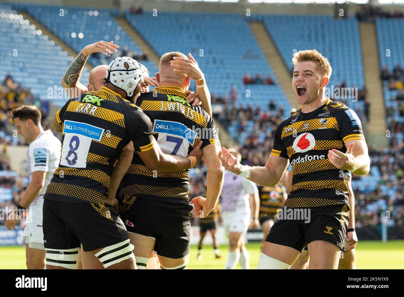 Charlie Atkinson of Wasps Rugby and team mates celebrate a try scored ...